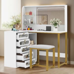 dwvo vanity desk with drawers & led lighted mirror 3 lighting mode & 48" l shaped corner white vanity set with stool, 5 acrylic drawer cabinet, stylish bedroom makeup table set, white