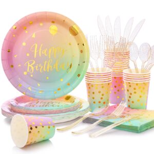 175pcs rainbow birthday decorations,birthday plates and napkins party supplies,disposable rainbow birthday plates,pastel paper plates for girl women birthday party decorations,serves 25 guests