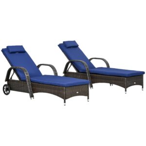 outsunny wicker outdoor chaise lounge set of 2, 5-level adjustable backrest pe rattan pool lounge chair with wheels, cushion & headrest, brown and dark blue