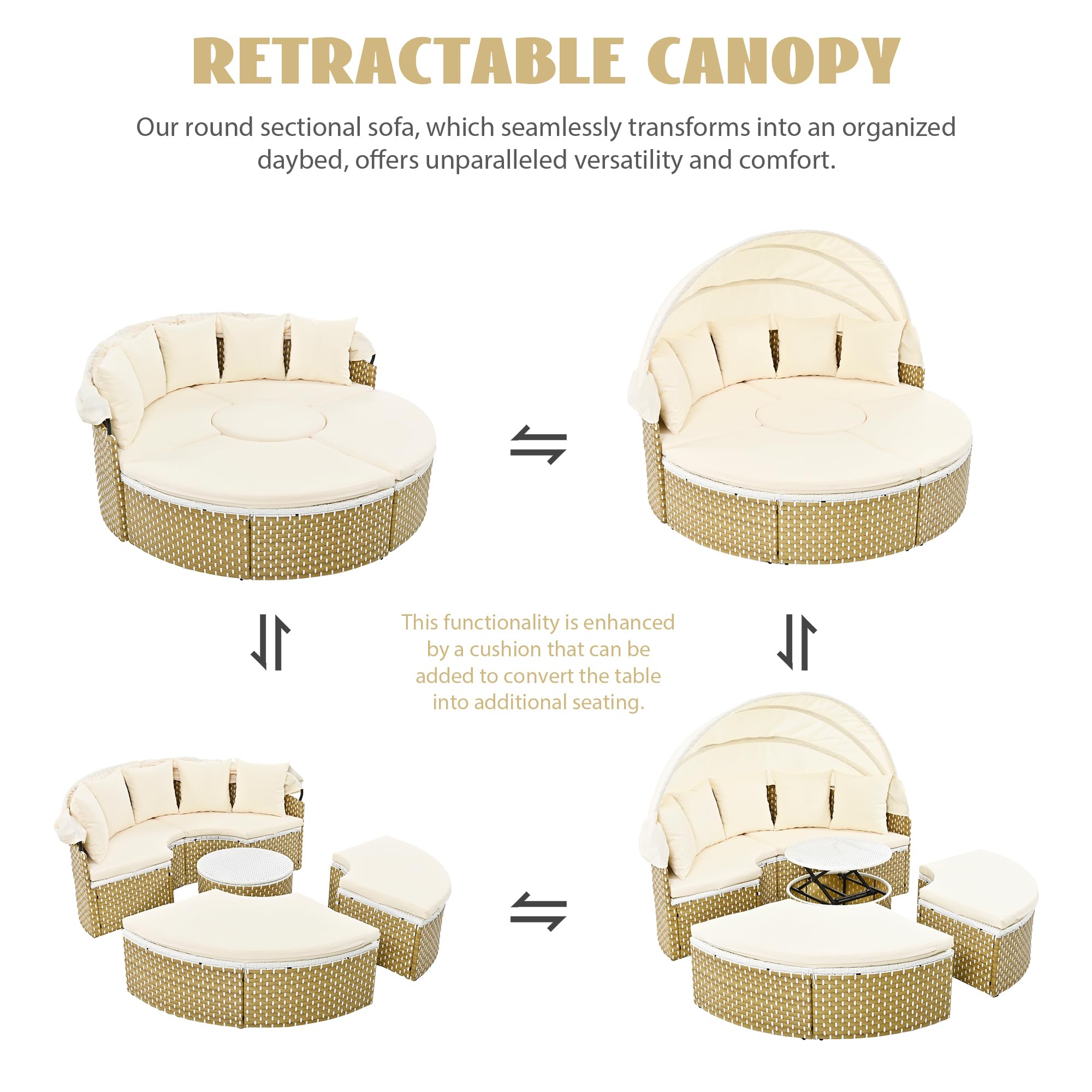 Merax Patio Furniture Round Outdoor Sectional Sofa Set, Rattan Daybed Two-Tone Weave Sunbed with Retractable Canopy, Separate Seating and Removable Cushion, Beige