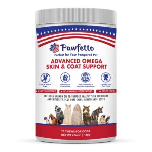 pawfetto advanced omega skin & coat support for dogs. with omega fatty acids, salmon oil, flaxseed, and vitamin e. easily digestible, great vegetable flavor. perfect for your pampered pet (70 chews)