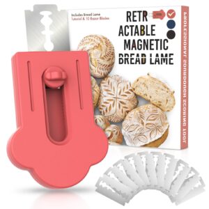 meker bread lame, upgraded magnetic dough scoring tool with 10 razor blades for sourdough bread baking & making, includes scoring patterns booklet, red