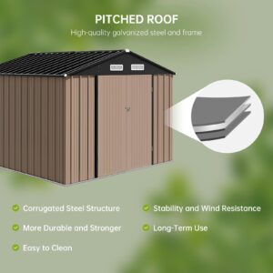 8.6'x10.4' Outdoor Storage Shed, Large Garden Shed, with Slooping Roof and 4 Vents. Updated Reinforced and Lockable Doors Frame Metal Storage Shed for Patiofor Backyard, Patio, Garage, Lawn，Brown