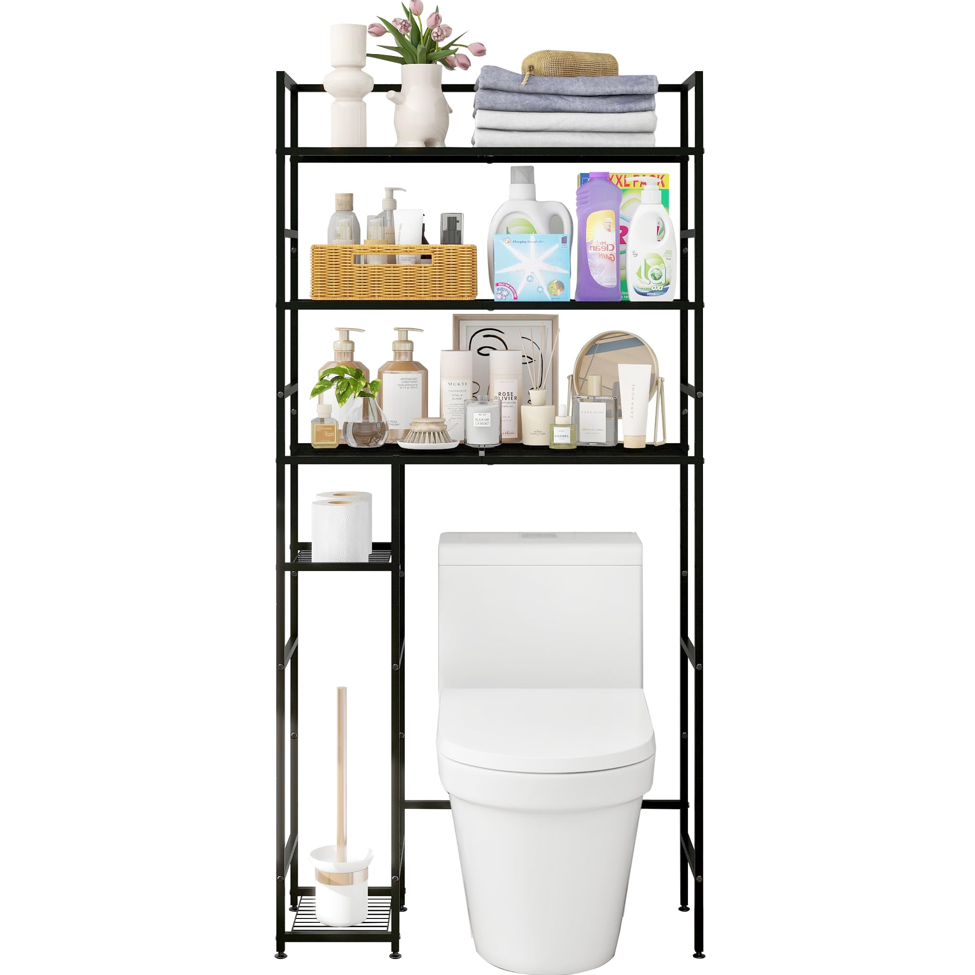 MallBoo Over The Toilet Storage, 5 Tier Bathroom Organizer Shelf, 31.5''W Toilet Rack with Adjustable Feet, Bathroom Rack for Restroom, Laundry, Balcony（Black）