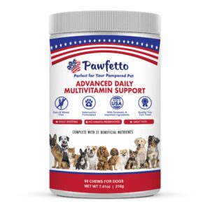 pawfetto advanced daily multivitamin support for dogs, multi-vitamin and mineral supplement with essential fatty acids and antioxidants, vegetable flavour, perfect for your pampered pet (60 dog chews)