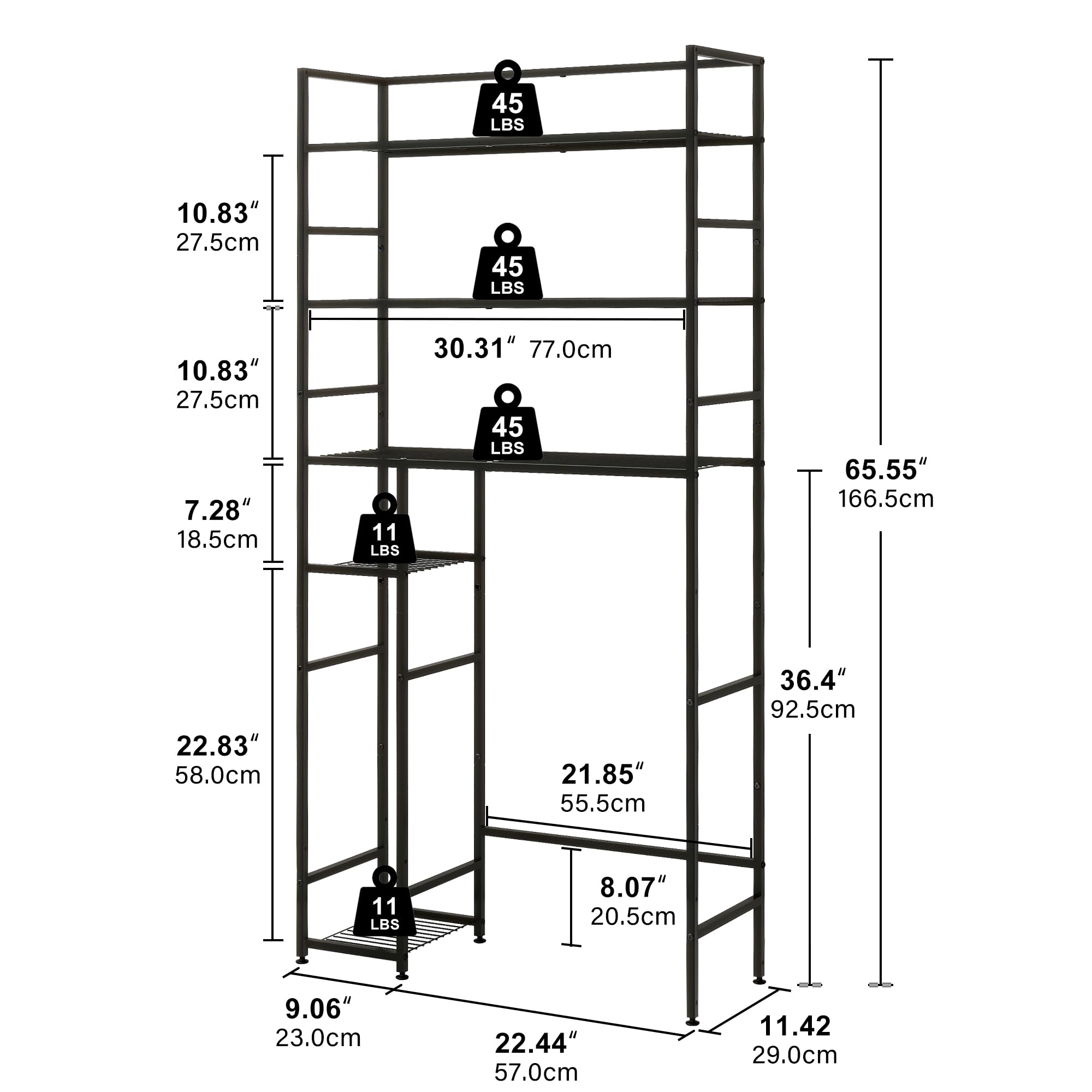 MallBoo Over The Toilet Storage, 5 Tier Bathroom Organizer Shelf, 31.5''W Toilet Rack with Adjustable Feet, Bathroom Rack for Restroom, Laundry, Balcony（Black）