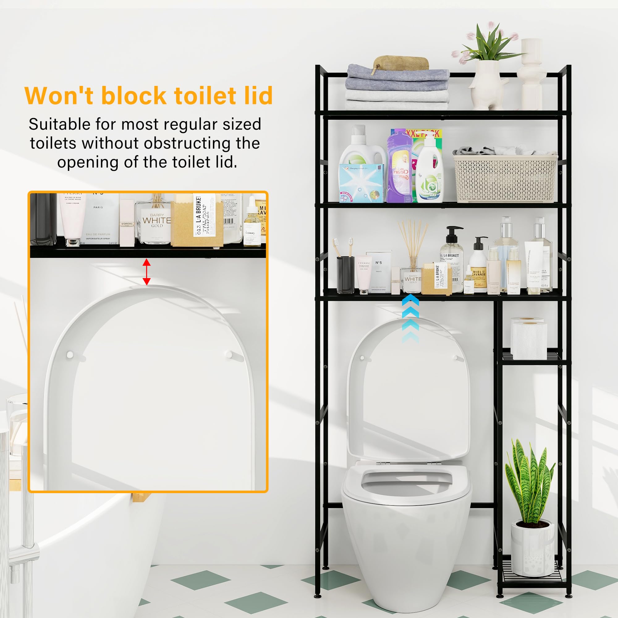 MallBoo Over The Toilet Storage, 5 Tier Bathroom Organizer Shelf, 31.5''W Toilet Rack with Adjustable Feet, Bathroom Rack for Restroom, Laundry, Balcony（Black）