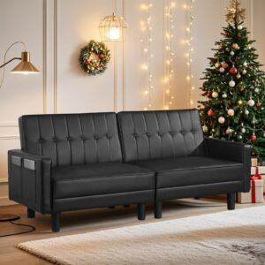 oqqoee futon sofa bed, convertible loveseat couch with adjustable backrest, faux leather upholstered sleeper sofa for living room & apartment, side pockets, black (black, loveseat)