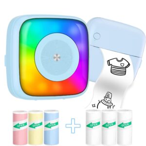 mini printer sticker printer print pod with 6 rolls sticker paper, seven color lighting modes for diy scrapbook, travel, notes, label, memo, compatible with ios&android