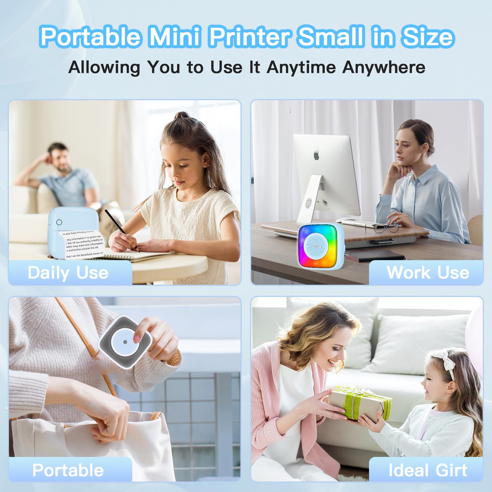 Mini Printer Sticker Printer Print Pod with 6 Rolls Sticker Paper, Seven Color Lighting Modes for DIY Scrapbook, Travel, Notes, Label, Memo, Compatible with iOS&Android