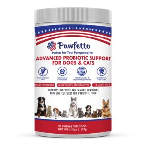 pawfetto advanced probiotic support for dogs & cats. combination of prebiotics & probiotics easily digestible, great duck flavour that your pets will love. perfect for your pampered pet (90 chews)