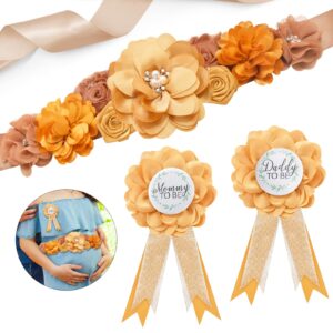 skjiayee gold brown maternity sash baby shower decorations, mom to be & daddy to be corsage for gender reveal party supplies belly belt gift keepsake pregnancy photo props (pure handmade)