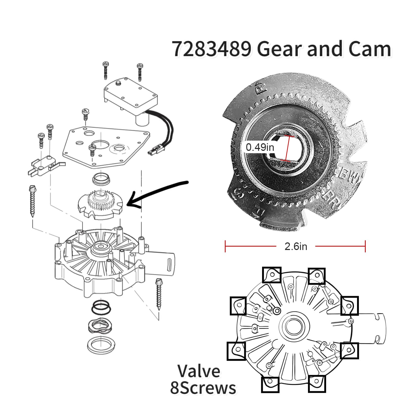 7384691 7286039 Water Softener Motor and Cam Gears for High Flow 1" systems, Cam Gears Part Number 7283489, Original OEM Part with Screws