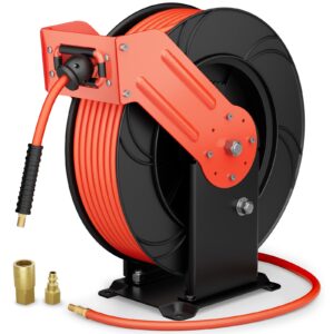 air hose reel, 3/8 in x 65 ft retractable air hose reel, double arm & auto rewind air compressor hose reel heavy duty air tool hose reels with 6 ft lead in max 300psi for ceiling/wall mounts