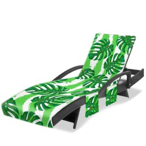 ruikyhom lounge chair towel cover, chaise lounge cover, beach chair covers with 3 pockets for pool sunbathing beach garden courtyard outdoor trips, 85 x30 in, green leaves