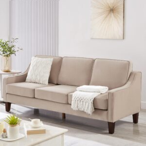 favsh velvet upholstered 3 seats sofa couch with wooden legs and removable cushions for livingroom,apartment,office,taupe, 74" w