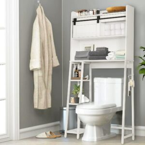 sulives over the toilet storage with cabinet, sliding barn door, side storage open rack, mass-storage over toilet with hooks bathroom organizer for bathroom, restroom, laundry, white