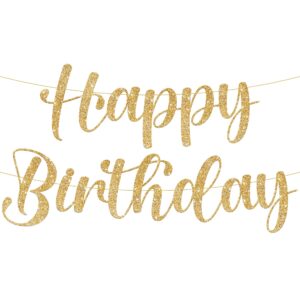 katchon, glitter gold happy birthday banner - pre-strung, 10 feet | gold happy birthday sign for backdrop | gold birthday banner for happy birthday decorations | backdrop for gold birthday decorations