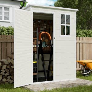 poteban outdoor storage shed, 5x3ft resin shed with floor and lockable door for bike, garbage cans,garden accessories, sandstone