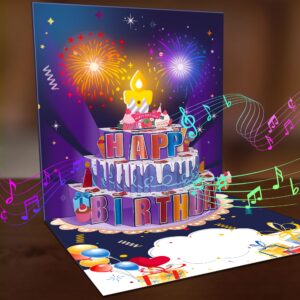 sliafwh happy birthday cards includes envelope, 3d pop up with song, blow out led light candle then firework, funny gift for women, men, mom, dad, sister, kids (upgrade)