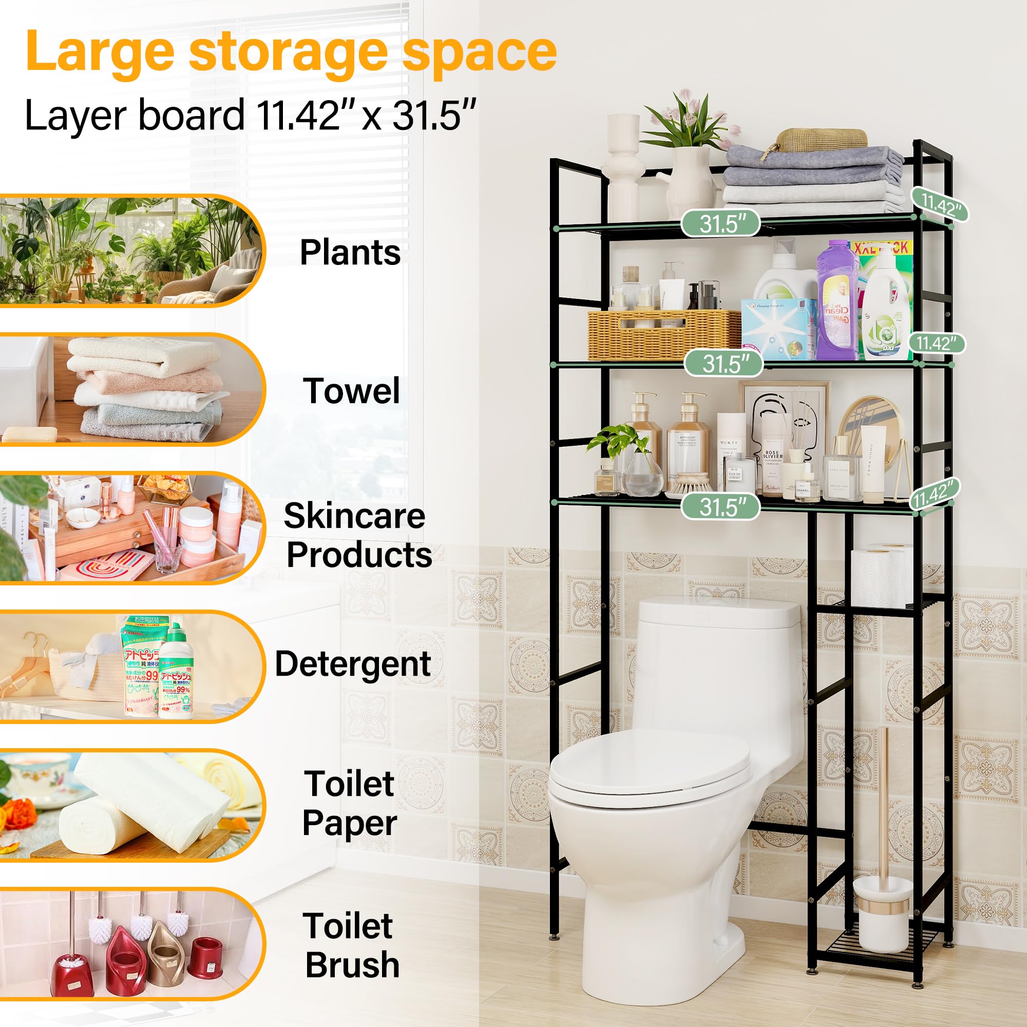 MallBoo Over The Toilet Storage, 5 Tier Bathroom Organizer Shelf, 31.5''W Toilet Rack with Adjustable Feet, Bathroom Rack for Restroom, Laundry, Balcony（Black）