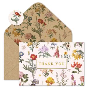 whaline 24 pack wildflower thank you cards vintage floral greeting cards with envelopes stickers gold foil retro spring blank note cards for wedding bridal baby shower birthday, 4 x 6 inch