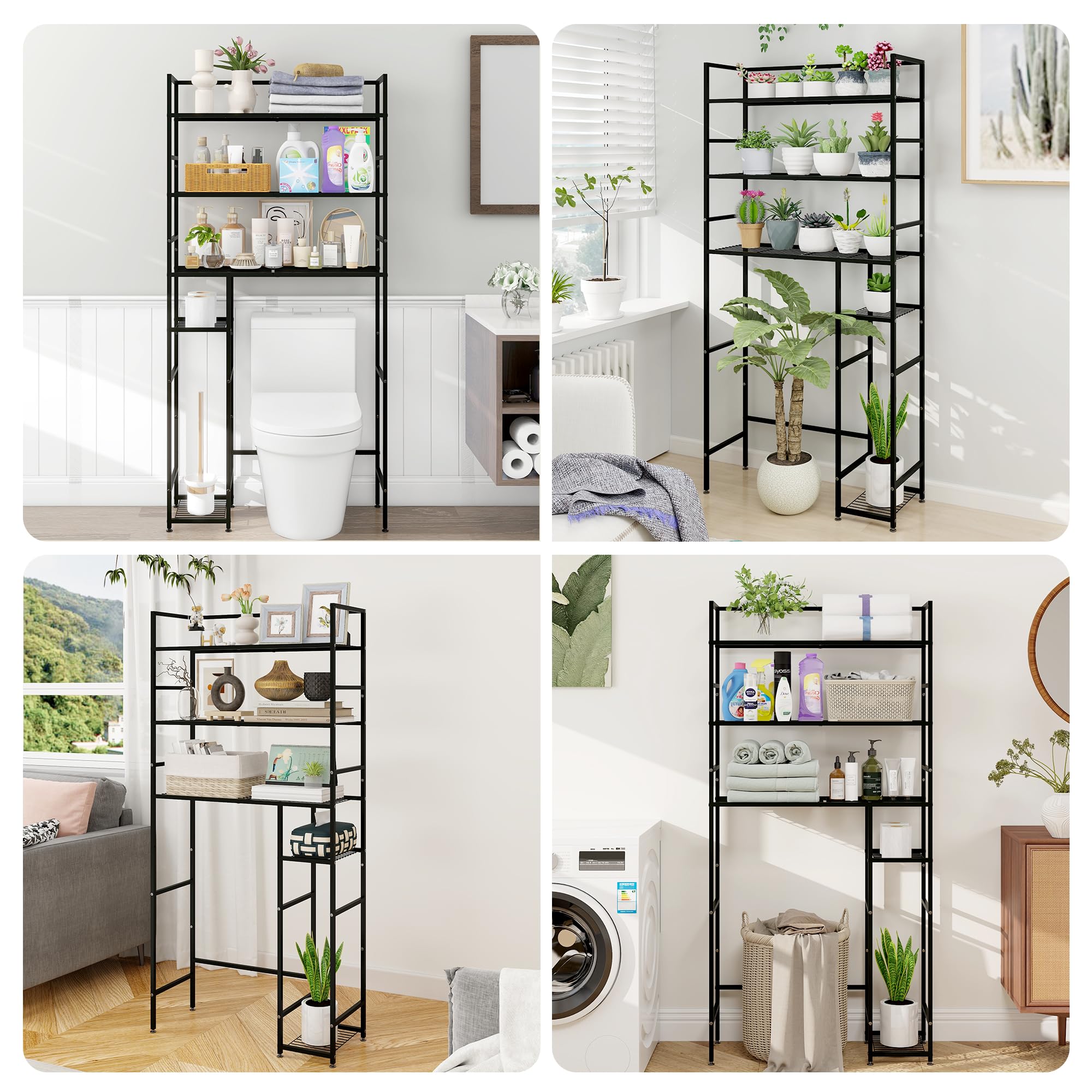 MallBoo Over The Toilet Storage, 5 Tier Bathroom Organizer Shelf, 31.5''W Toilet Rack with Adjustable Feet, Bathroom Rack for Restroom, Laundry, Balcony（Black）