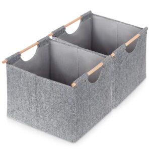 shellkingdom large storage bins, foldable linen fabric storage baskets for shelves, cloth storage organizer drawer for closet toys storage with wooden handles for home, office, 12.59x14.96 inch, grey