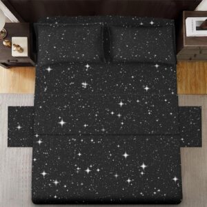 pamnest 4 pieces queen size bed sheet sets, space starry deep soft microfiber bedding sets for kids and adults bedroom bed decor, black star sky flat sheet, fitted sheet and 2 pillowcases