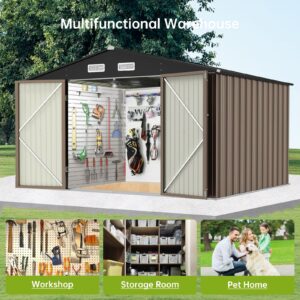 8.6'x10.4' Outdoor Storage Shed, Large Garden Shed, with Slooping Roof and 4 Vents. Updated Reinforced and Lockable Doors Frame Metal Storage Shed for Patiofor Backyard, Patio, Garage, Lawn，Brown