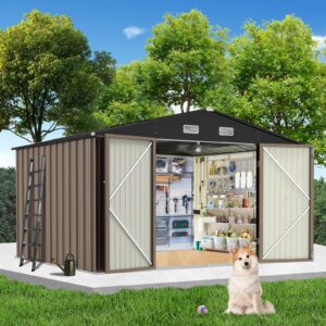 8.6'x10.4' Outdoor Storage Shed, Large Garden Shed, with Slooping Roof and 4 Vents. Updated Reinforced and Lockable Doors Frame Metal Storage Shed for Patiofor Backyard, Patio, Garage, Lawn，Brown