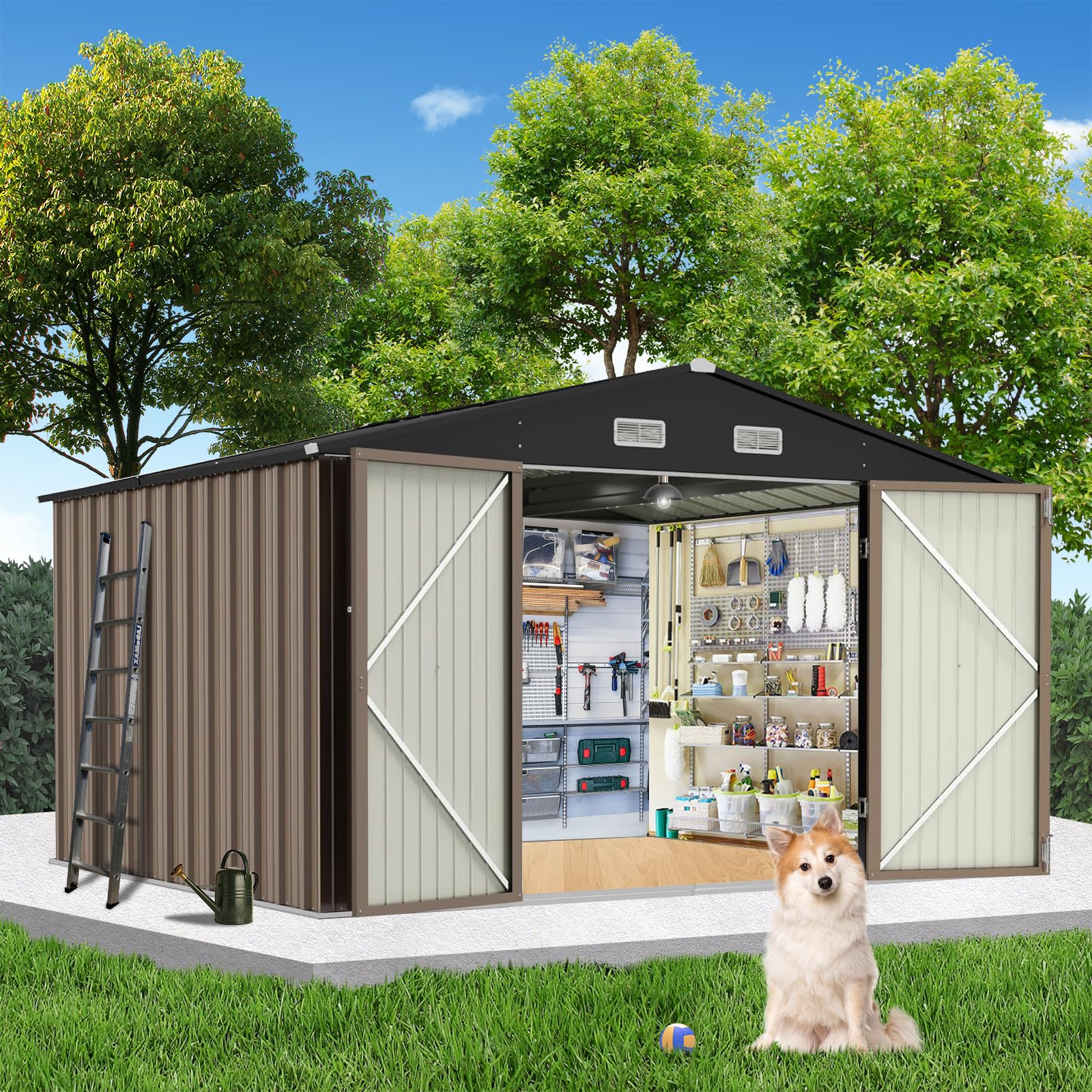 8.6'x10.4' Outdoor Storage Shed, Large Garden Shed, with Slooping Roof and 4 Vents. Updated Reinforced and Lockable Doors Frame Metal Storage Shed for Patiofor Backyard, Patio, Garage, Lawn，Brown