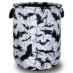 black white bats laundry basket foldable with handles universal tote bag oxford cloth funny laundry hamper 18.9" x 16.5" clothes storage bucket toy organizer for bathroom/laundry/bedroom