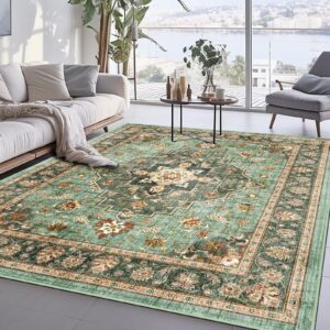 brevonox area rug for living room, indoor machine washable rug for bedroom vintage rug dinning room floor carpet non-slip backing rugs floral soft low-pile office rug (forest green, 8' × 10')