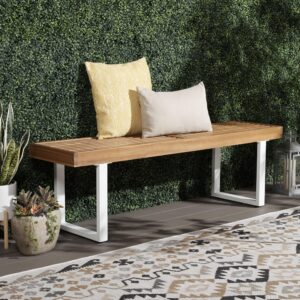 safavieh outdoor collection monti natural/white solid wood bench, ideal for deck, patio, backyard, sunroom