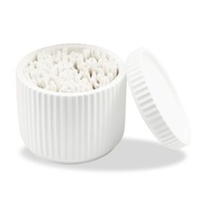 my mironey 12oz cotton swab container with lid, diatomaceous earth cotton swabs holder white round storage canisters for cotton swabs, cotton balls, makeup, bathroom accessories