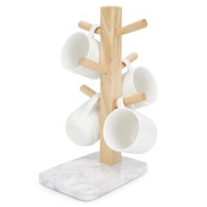 worhe marble mug holder thicker base coffee cup holder with 6 hooks stand for countertop, mug stand hanger for coffee bar accessories and decor coffee organizer station white (wh032)