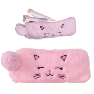 cat plush pen pouch box with 2pcs kawaii pens cute pen organizer case aesthetic adorable estuche para lapices (pink)