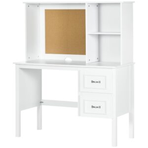 homcom computer table with storage shelves, home office desk with 2 drawers, cable management hole, corkboard - white