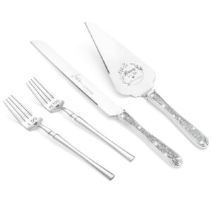 roxburgh cake cutting set for wedding, wedding cake knife and server set, forks and cutter pie spatula rhinestones studded handle birthday anniversary christmas of 4 (silver)