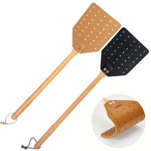 19.5" sturdy leather fly swatter for indoors, heavy duty flyswatter with durable wooden handle, fly swatters with hanging rope for flies, bees (brown & black)