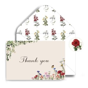 thank you cards, 4x6 inch vintage flower thank you cards with envelopes, elegant floral design, blank thank you cards bulk for birthday, wedding, anniversary, 20 pack