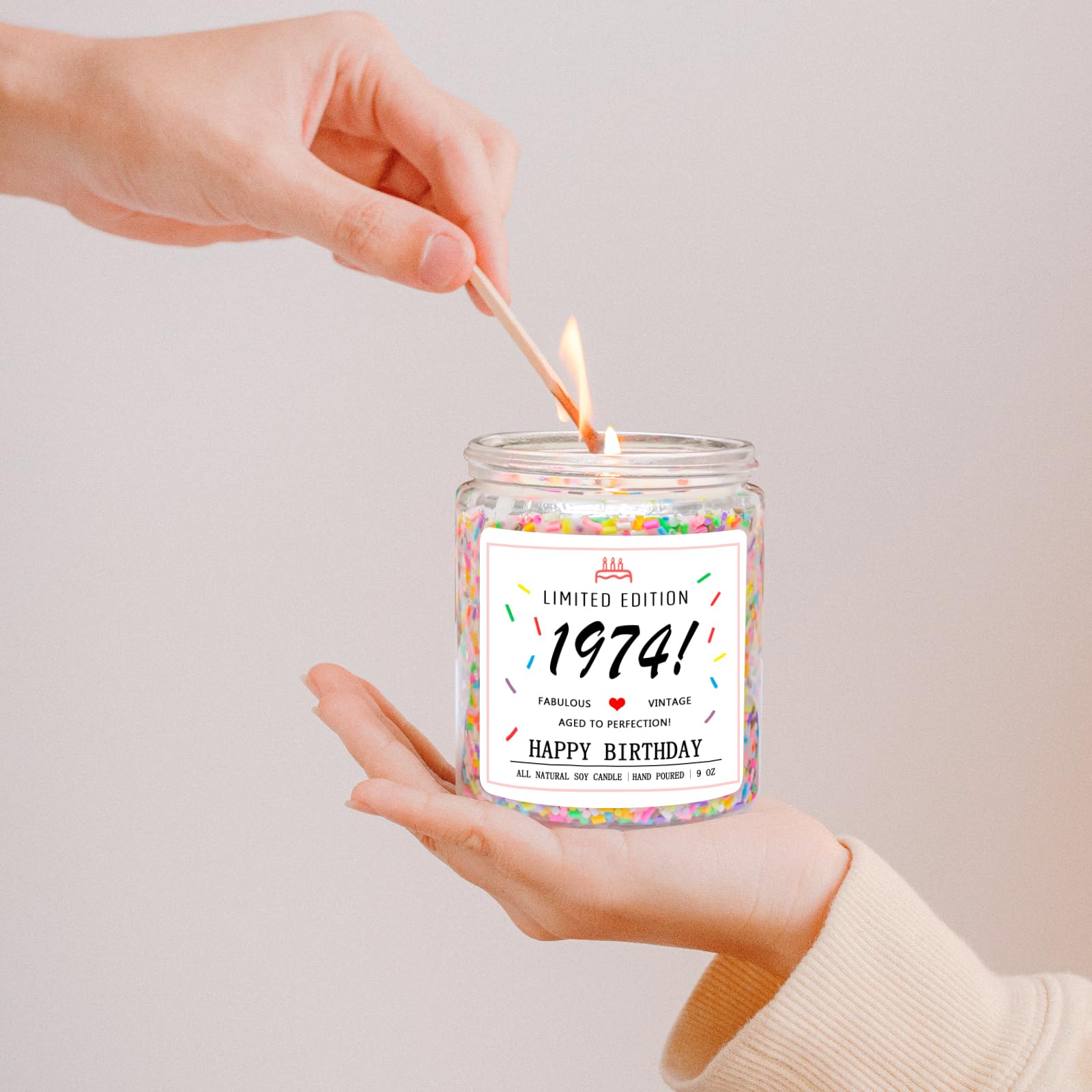 Homsolver 50th Birthday Gifts for Her Women, Happy 1974 50th Birthday Candle Gifts Ideas-Limited Edition 1974 Handmade Candles (Vanilla Birthday Cake Scent with Sprinkles)