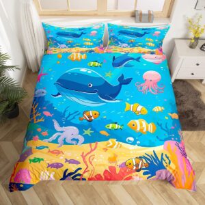 feelyou cartoon cute marine animals bedding set twin size kids fish dolphin octopus comforter cover set for boys girls teens underwater world duvet cover summer ocean bedspread cover room decor