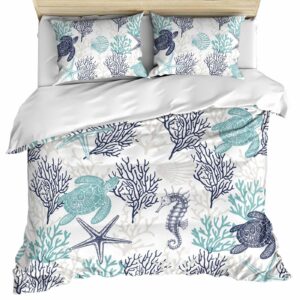 lsrtoss teal blue coastal queen duvet cover set for all season, sea turtle nautical coral summer beach microfiber 3 piece bedding set with 2 pillowcases & 1 quilt cover, 90" w x 92" l, queen size