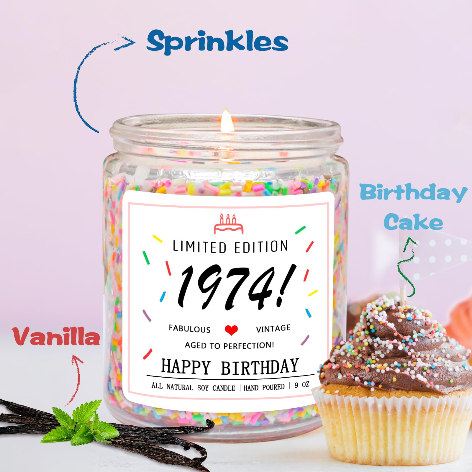 Homsolver 50th Birthday Gifts for Her Women, Happy 1974 50th Birthday Candle Gifts Ideas-Limited Edition 1974 Handmade Candles (Vanilla Birthday Cake Scent with Sprinkles)