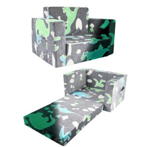 fivetry kids sofa - comfy 2-in-1 kids couch bed glow in the dark baby modular dinosaur couch kids chairs comfy toddler convertible couch bed for girls and boys, grey