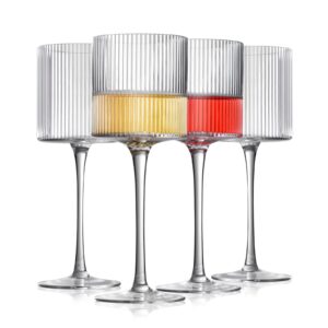 square wine glasses set of 4, elegant ribbed design wine glasses 12.5oz, long stem unique modern shape - hand blown premium wine glass, for red & white wine home bar party