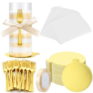 xunyee 30 packs diy mini cake supplies with mini cake boards baking transparent cake sheets plastic gold forks satin silk ribbon cake favor sets for dessert display wedding shower