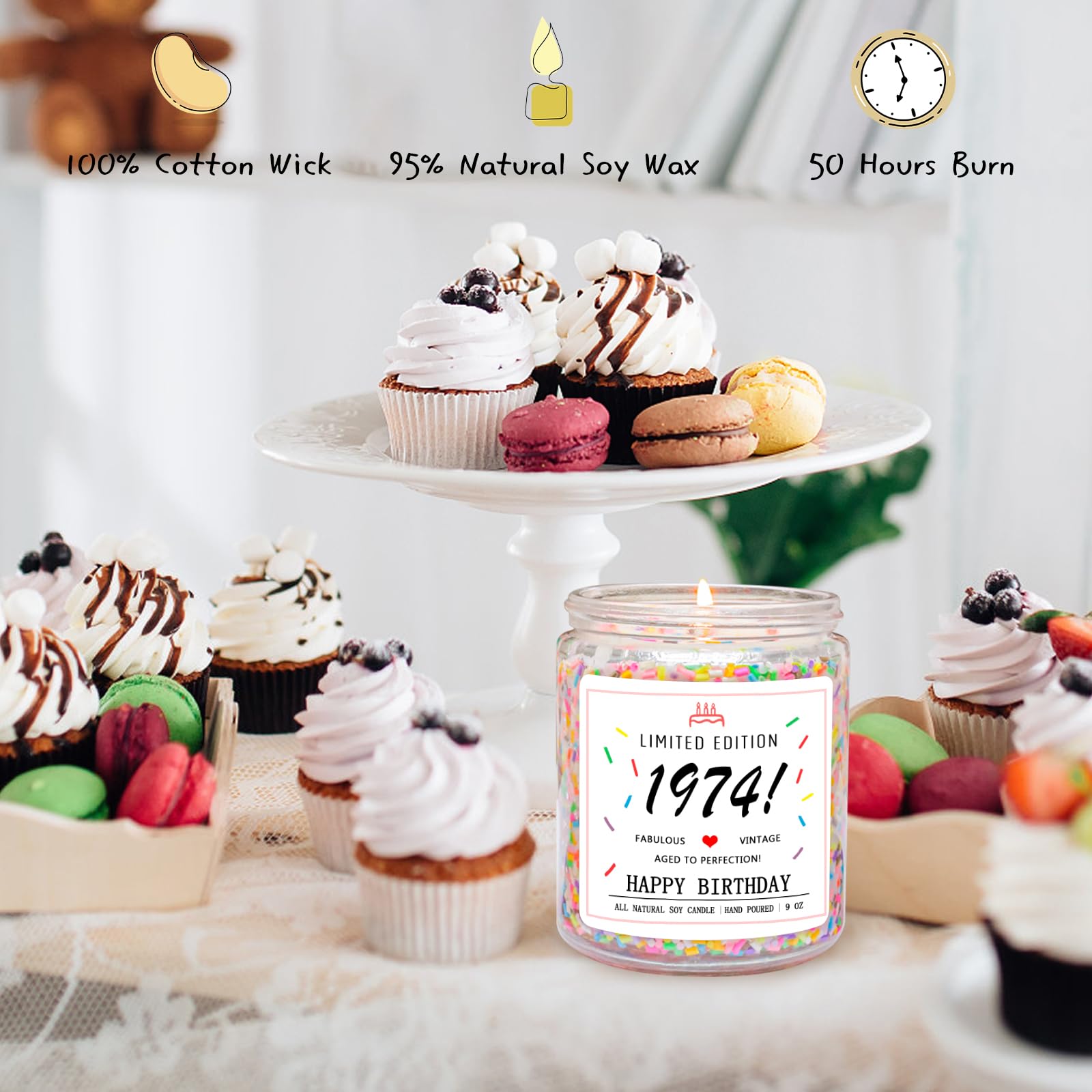 Homsolver 50th Birthday Gifts for Her Women, Happy 1974 50th Birthday Candle Gifts Ideas-Limited Edition 1974 Handmade Candles (Vanilla Birthday Cake Scent with Sprinkles)